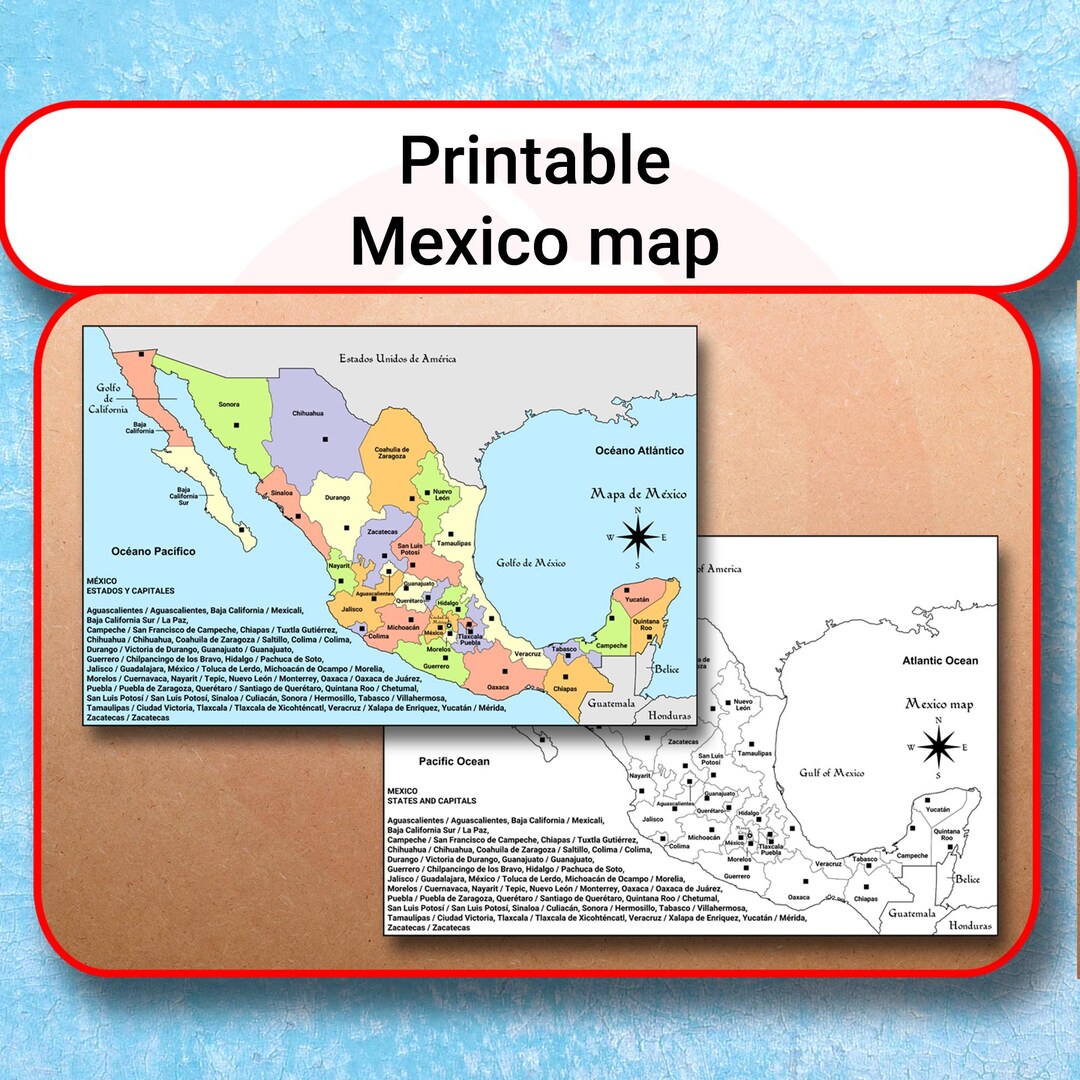 Printable Mexico Map Mejico Map Travel Map Home Decor Wall Art Study ...