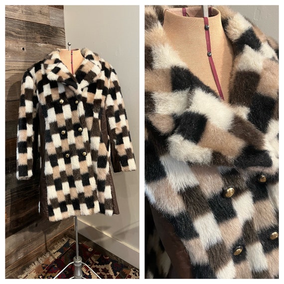 1960s Vintage Faux Fur Vegan Leather Checkered Coat |… - Gem