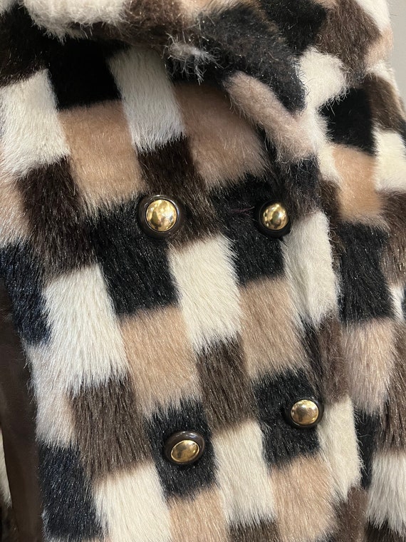 1960s Vintage Faux Fur Vegan Leather Checkered Coat |… - Gem