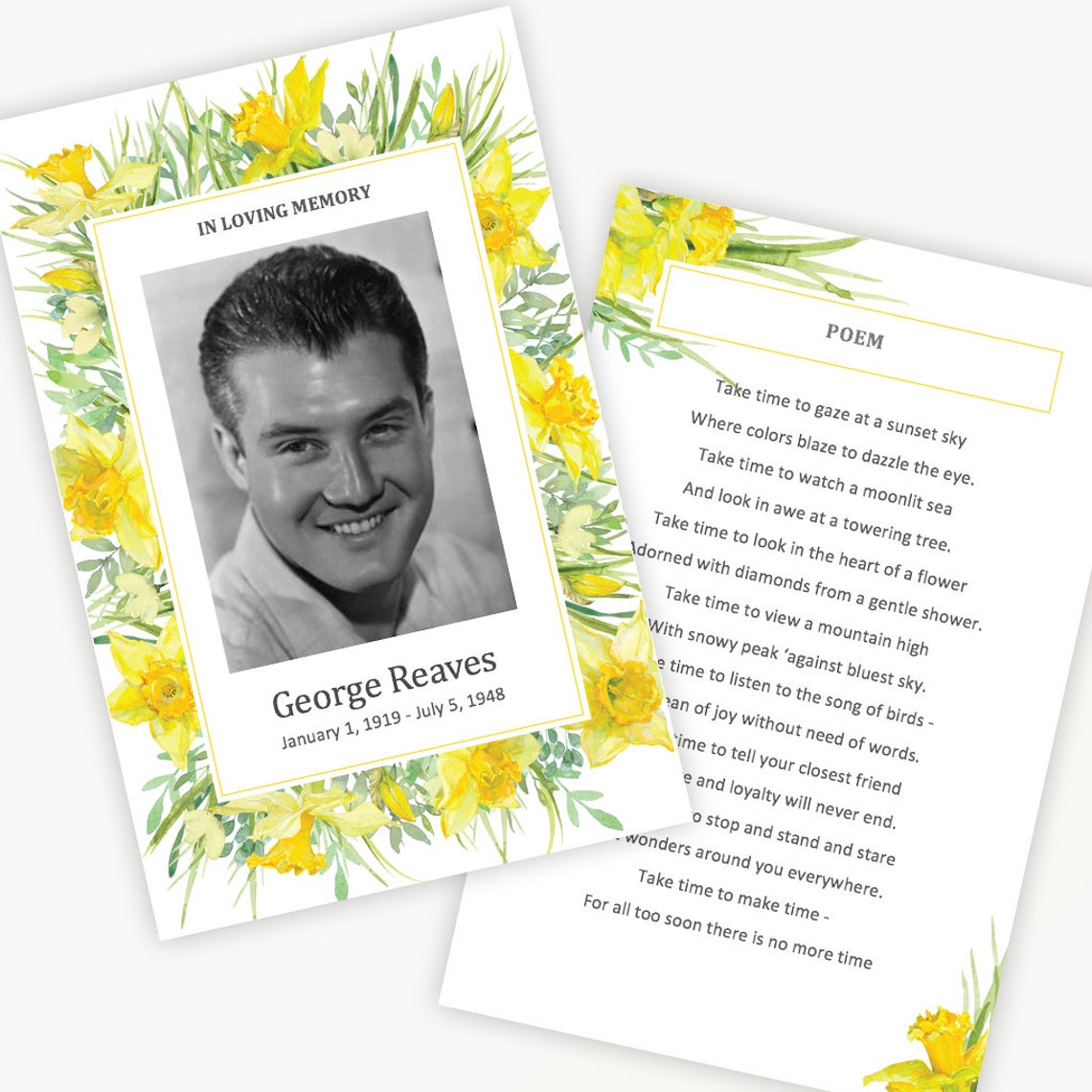 Printable Funeral Program Template Watercolor Yellow Daffodil One Page