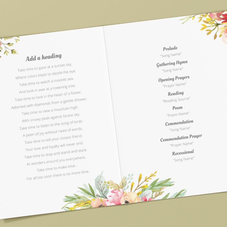 Editable Bi-fold Funeral Program Template | Watercolor Floral Greenery ...