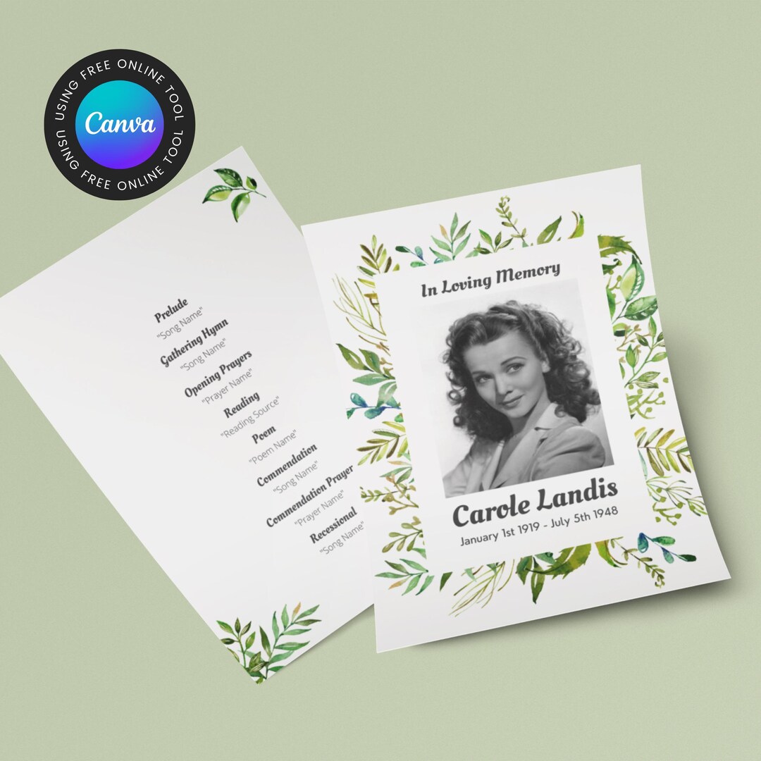 Editable Single-sheet Funeral Program Template | Watercolor Greenery ...