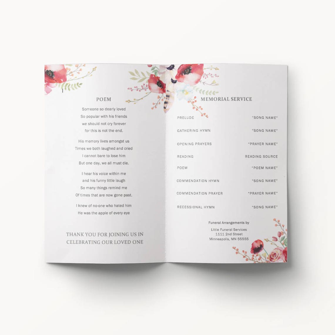 Funeral Program Template Printable Microsoft Word Watercolor Red Poppy ...