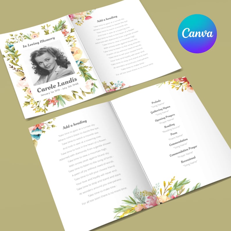 Editable Bi-fold Funeral Program Template | Watercolor Floral Greenery ...