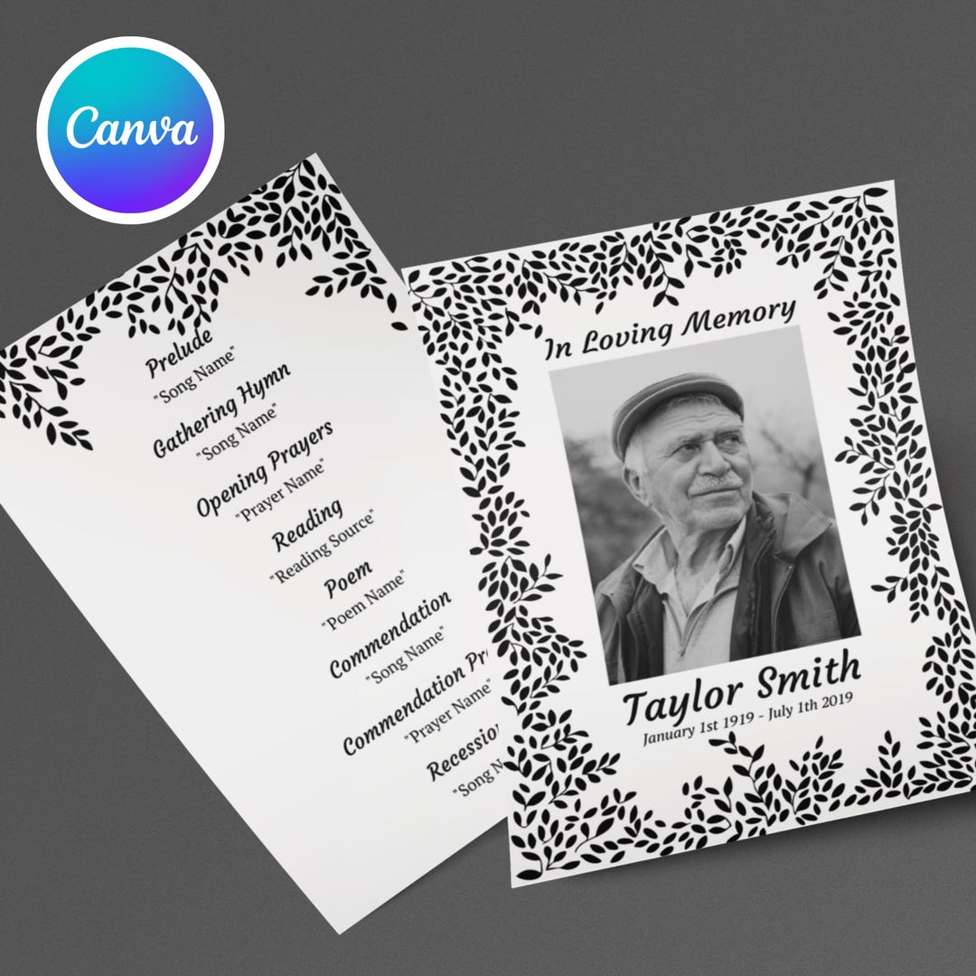 Single Sheet Funeral Program Template | Black and White Leaf Border ...