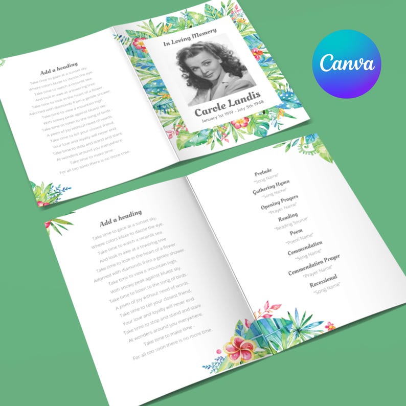 Editable Bi-fold Funeral Program Template | Tropical Floral and ...