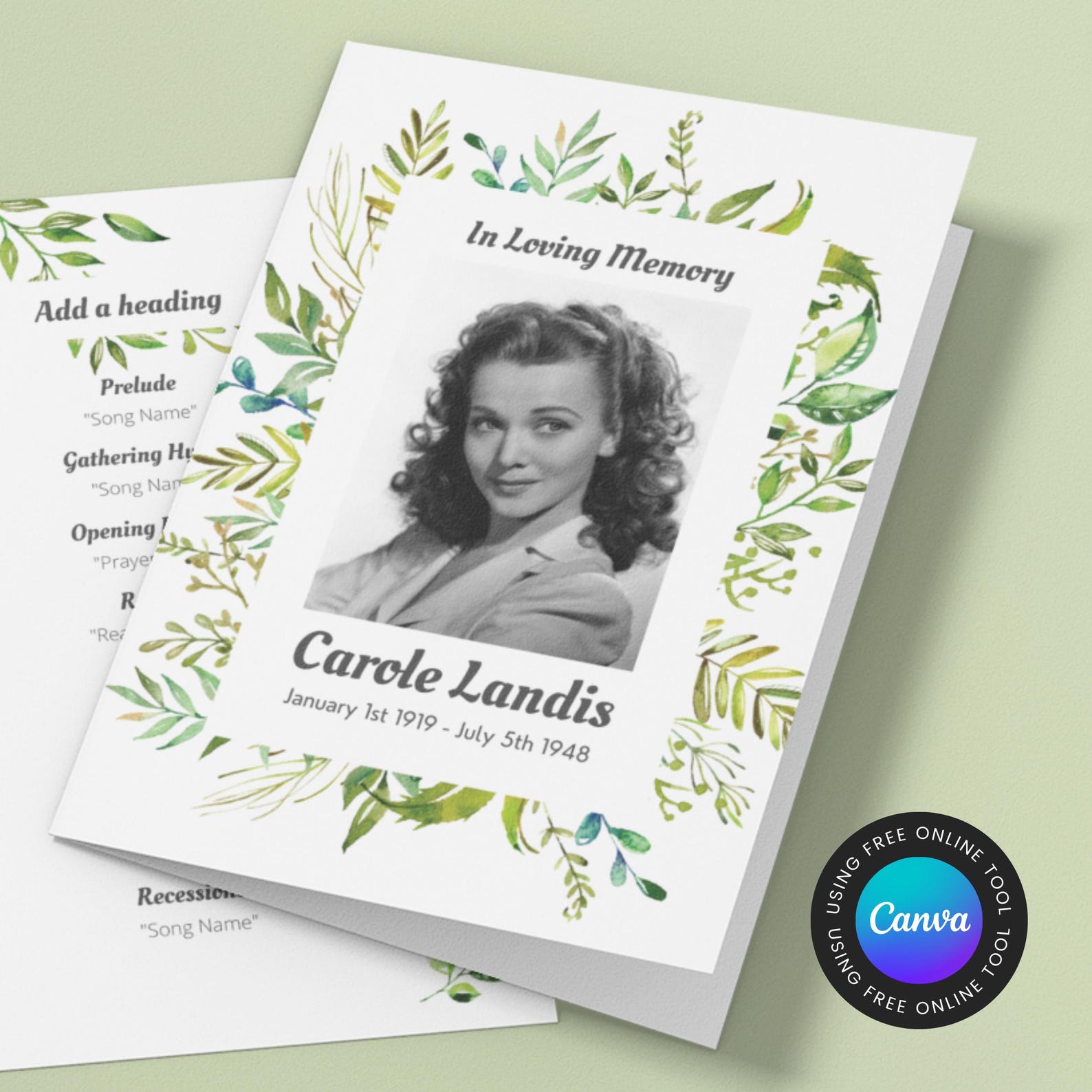 Editable Bi-fold Funeral Program Template | Botanical Greenery ...