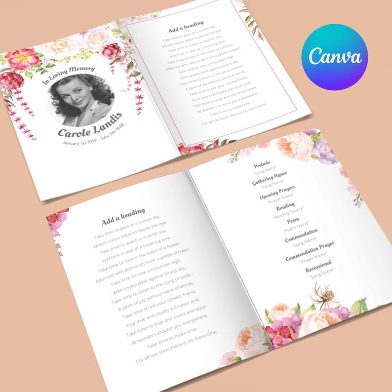 Editable Bi-fold Funeral Program Template | Peach and Purple Watercolor ...