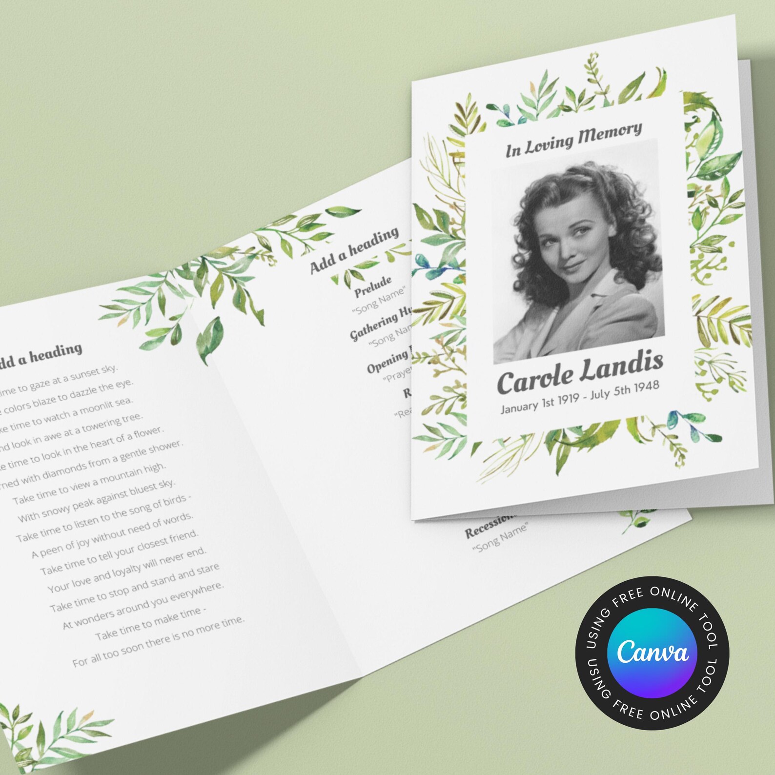 Editable Bi-fold Funeral Program Template | Botanical Greenery ...