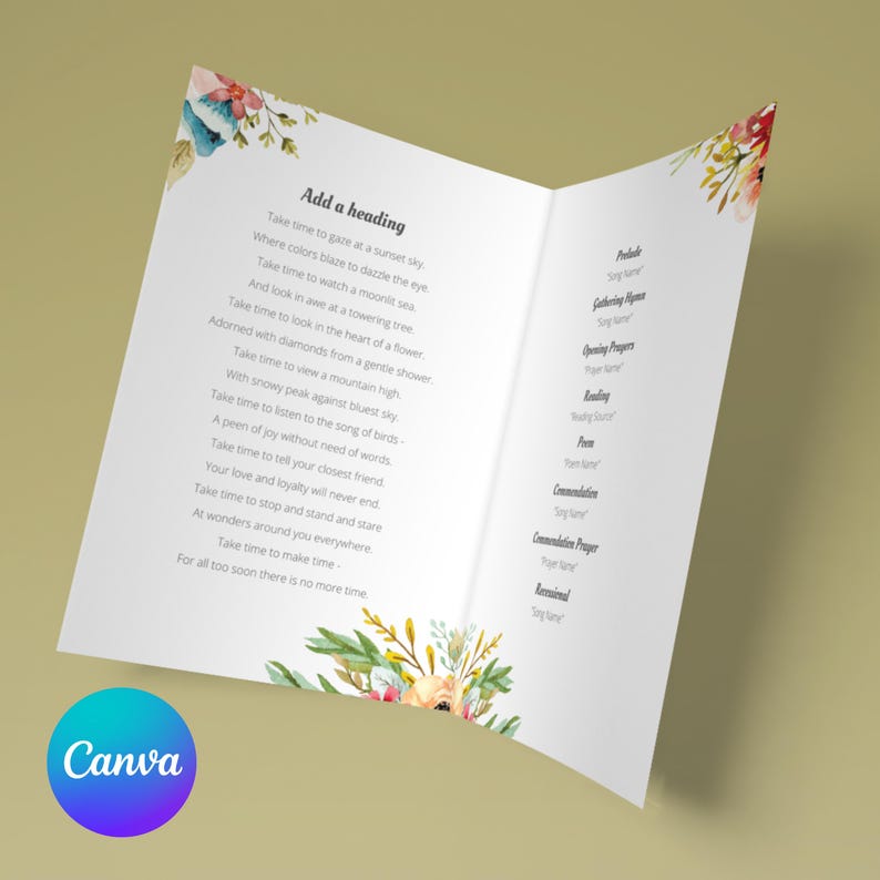 Editable Bi-fold Funeral Program Template | Watercolor Floral Greenery ...