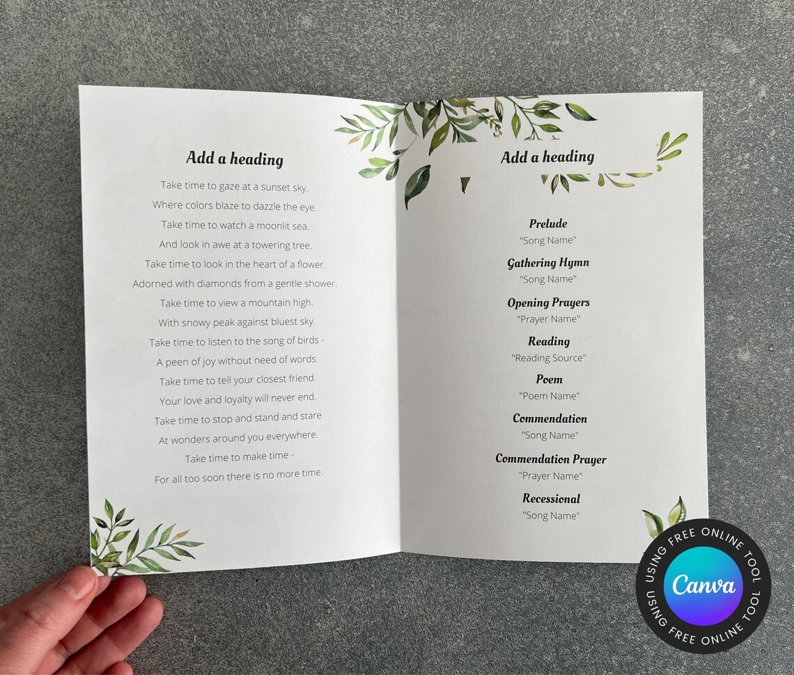 Bi-fold Funeral Program Template Canva Leafy Green Nature - Etsy