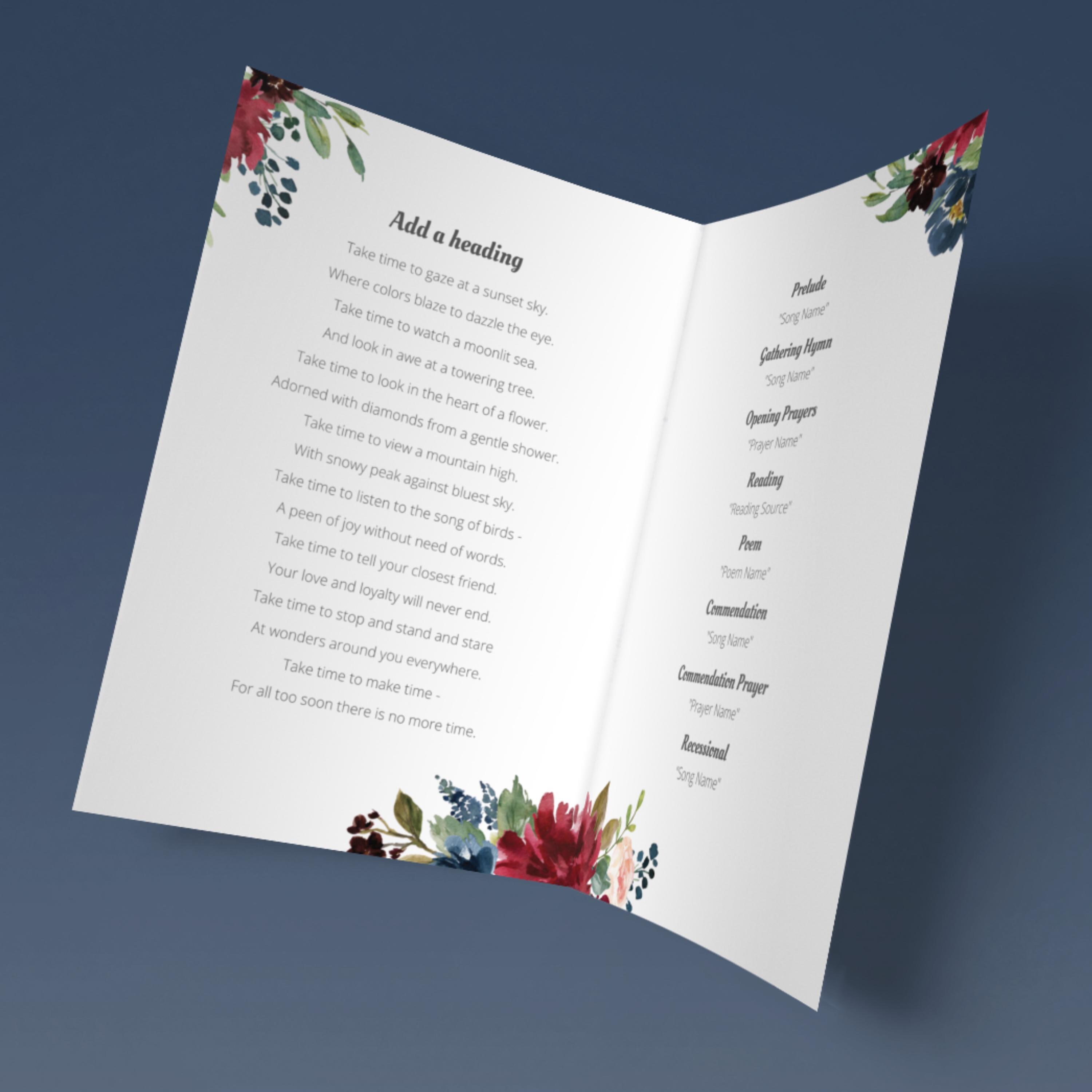 Editable Bi-fold Funeral Program Template | Elegant Red and Navy Floral ...