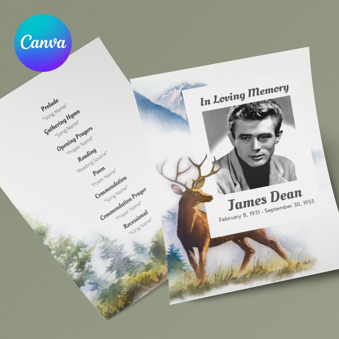 Editable Single Sheet Funeral Program Template | Nature-inspired Deer ...