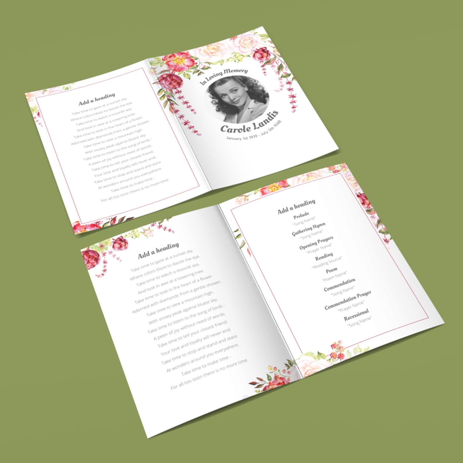 Editable Bi-fold Funeral Program Template | Watercolor Floral Memorial ...