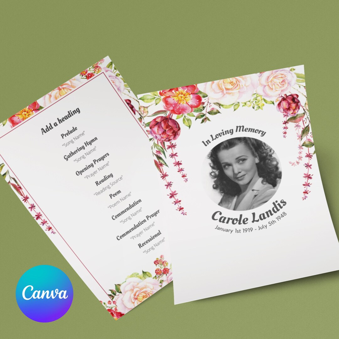 Editable Single Sheet Funeral Program Template | Pink Red Watercolor ...