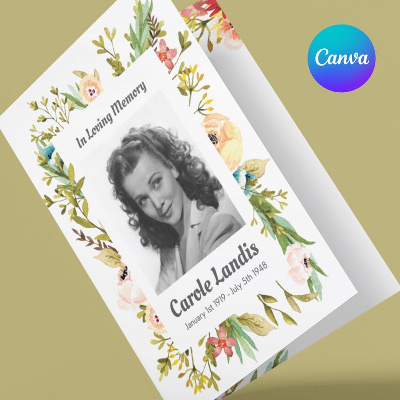 Editable Bi-fold Funeral Program Template | Watercolor Floral Greenery ...