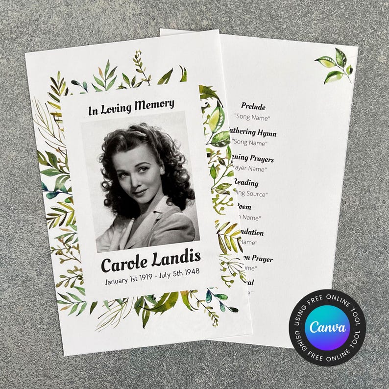 Editable Single-sheet Funeral Program Template | Watercolor Greenery ...