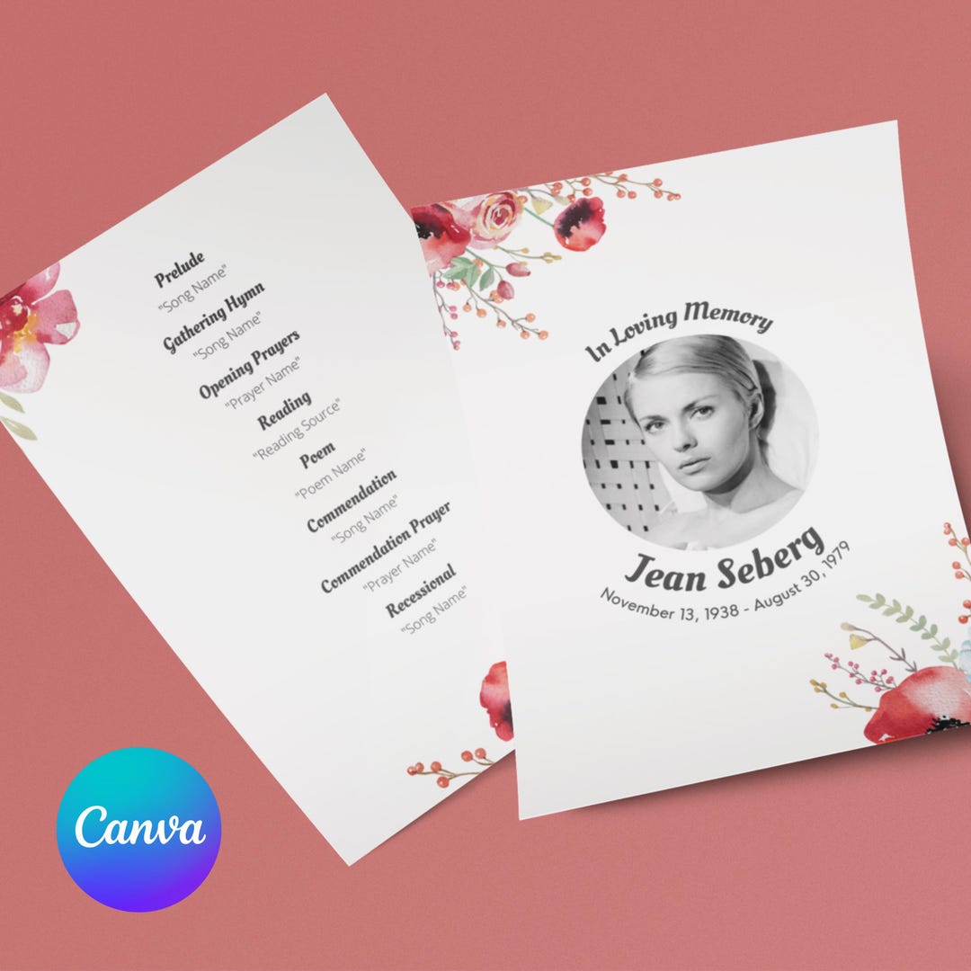 Red Poppy Single Page Funeral Program for Military Veteran Memorial and ...