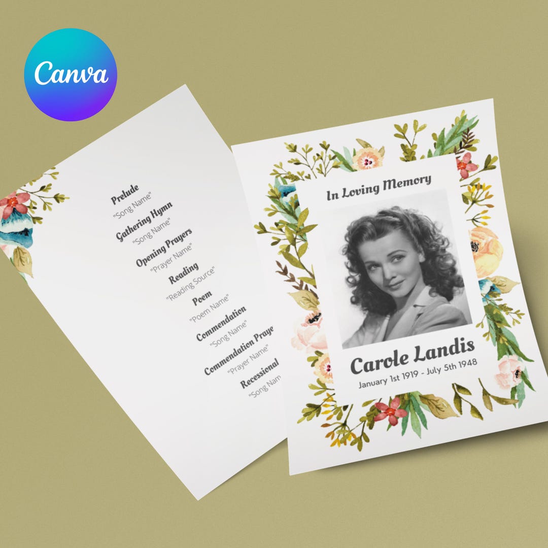 Editable Single Sheet Funeral Program Template | Watercolor Floral ...