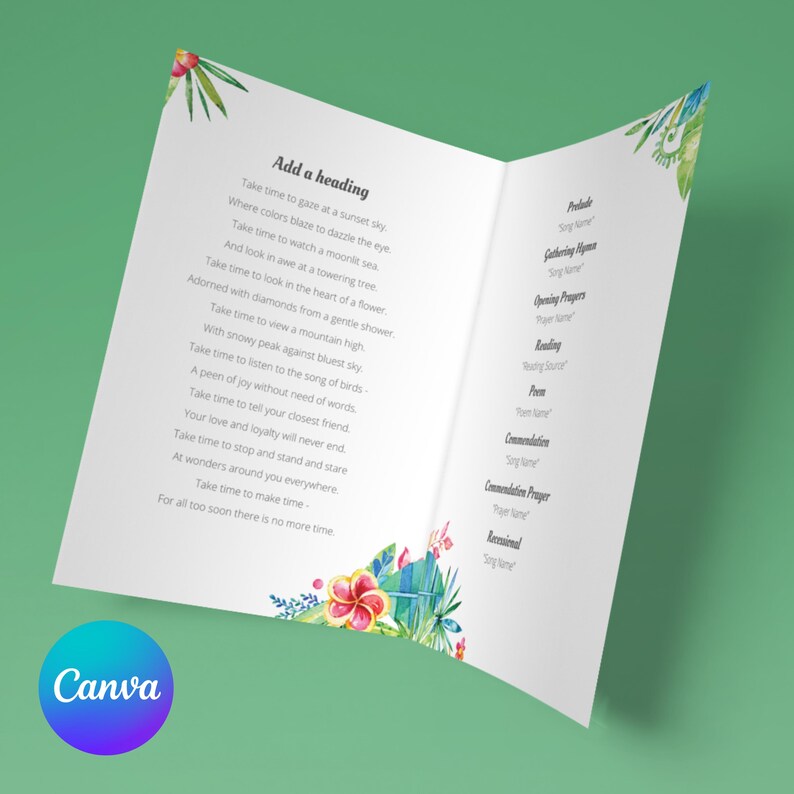Editable Bi-fold Funeral Program Template | Tropical Floral and ...