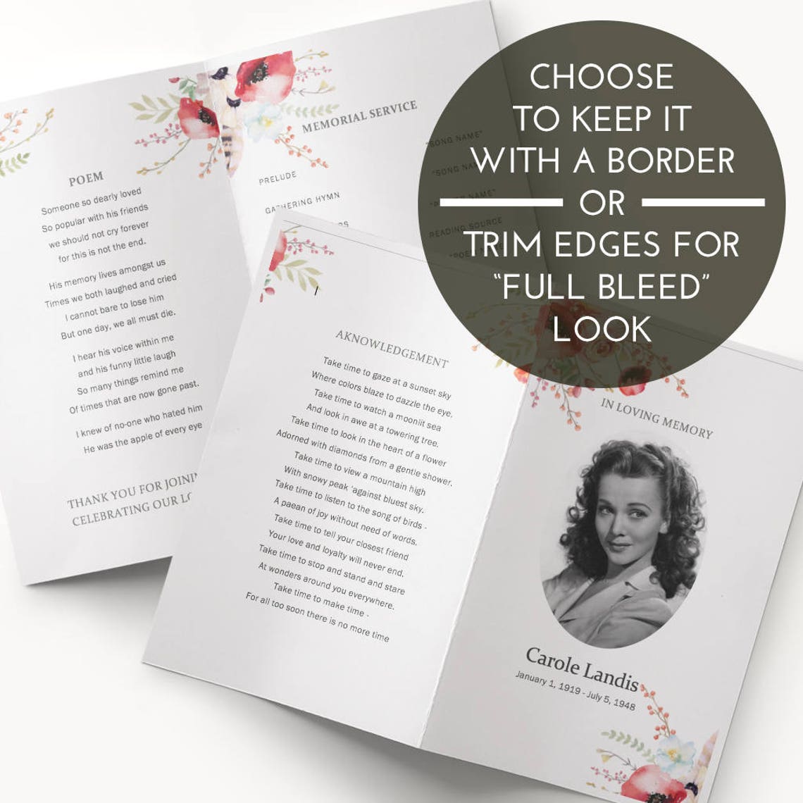 Funeral Program Template Printable Microsoft Word Watercolor Red Poppy ...