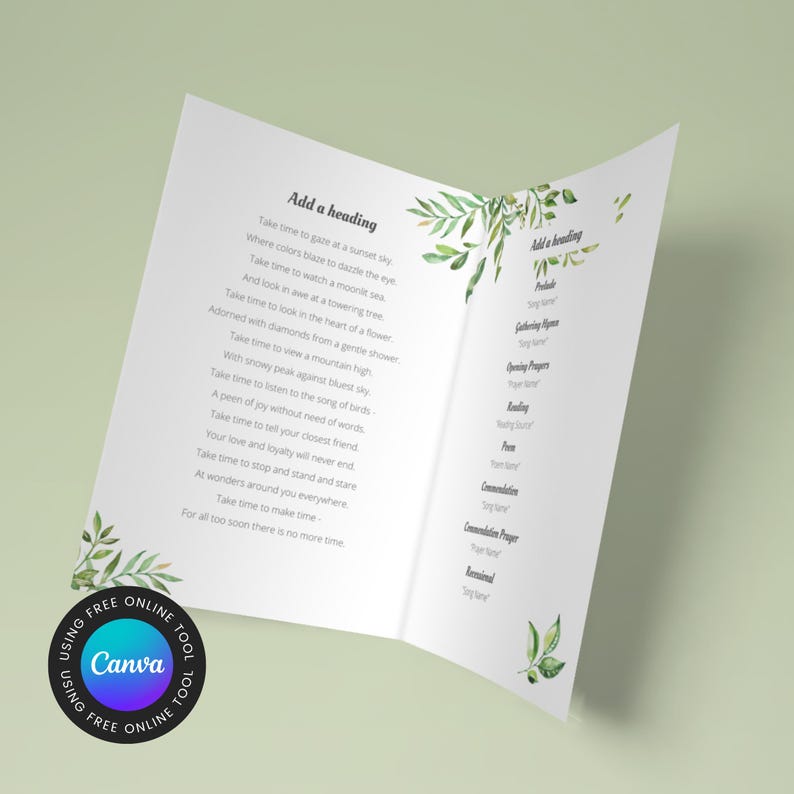 Editable Bi-fold Funeral Program Template | Botanical Greenery ...