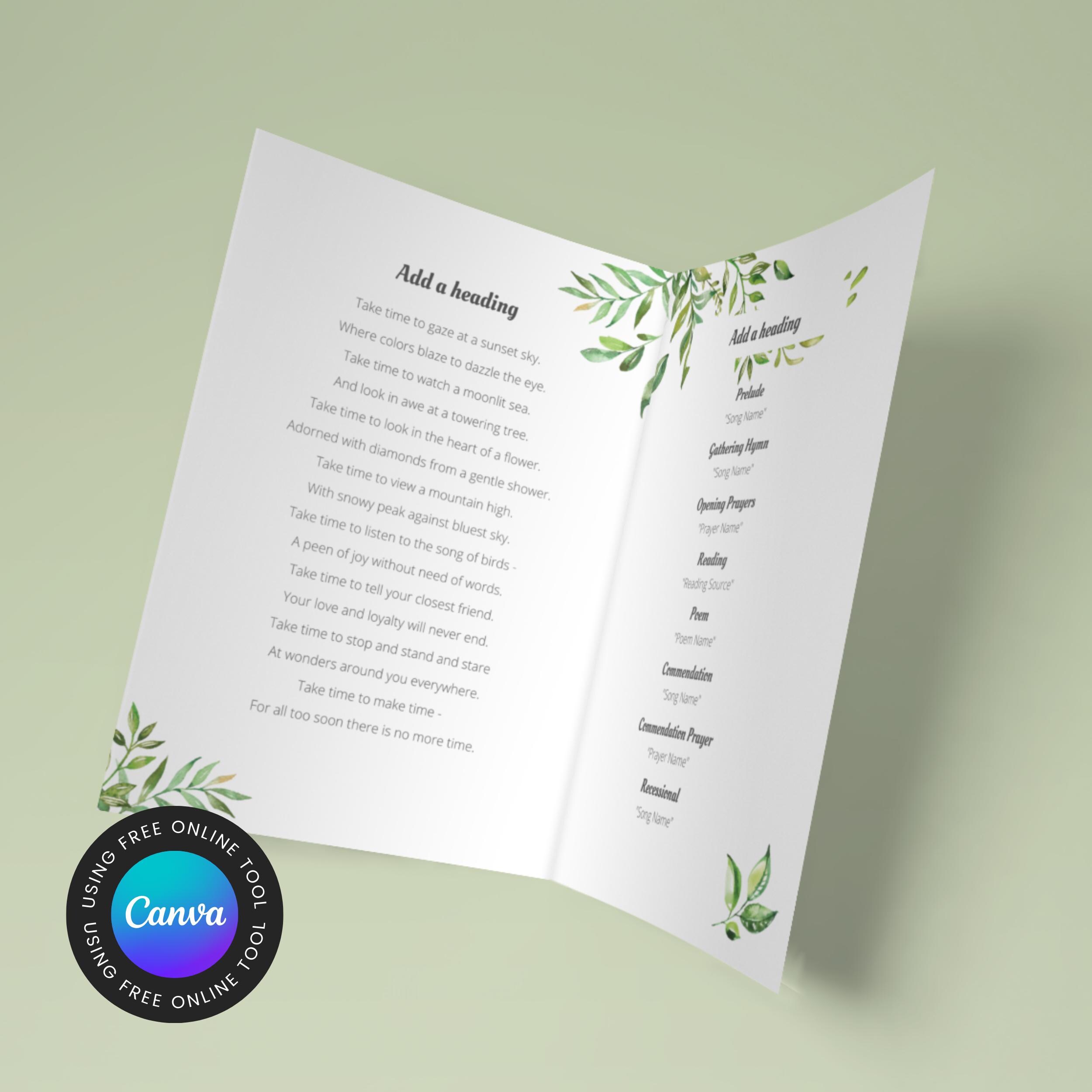 Editable Bi-fold Funeral Program Template | Botanical Greenery ...