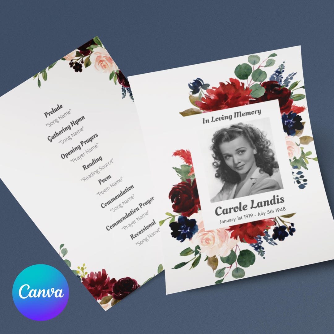 Editable Single Sheet Funeral Program Template | Elegant Red and Navy ...