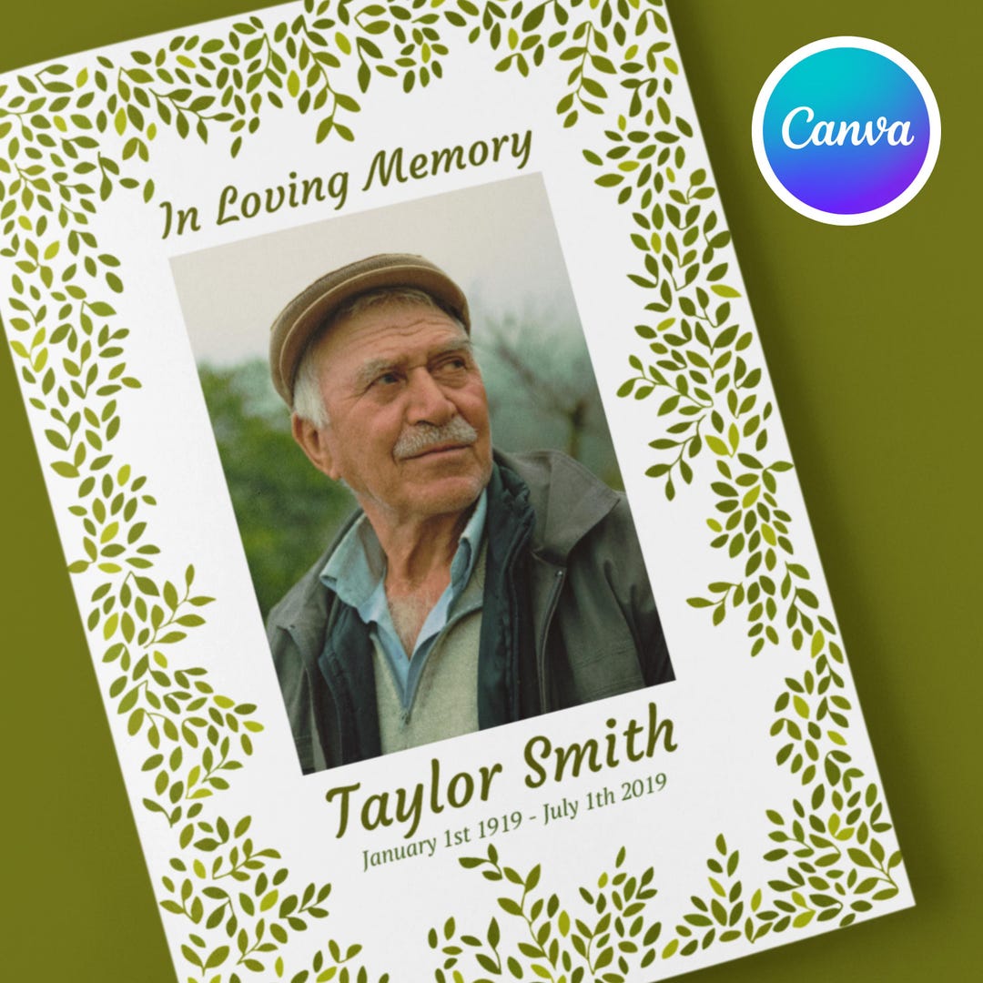 Editable Bi-fold Funeral Program Template | Greenery Leaf Border Design ...