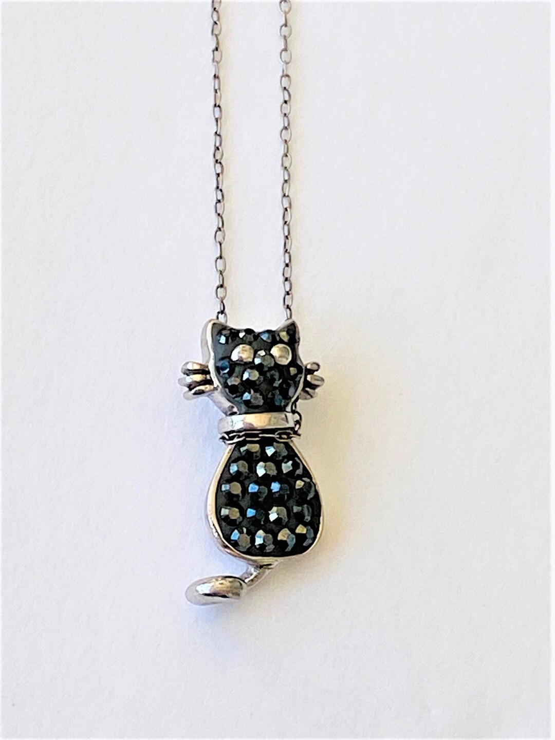 Dainty Sterling Silver Crystal Black Cat 19" Necklace, Vintage - Etsy