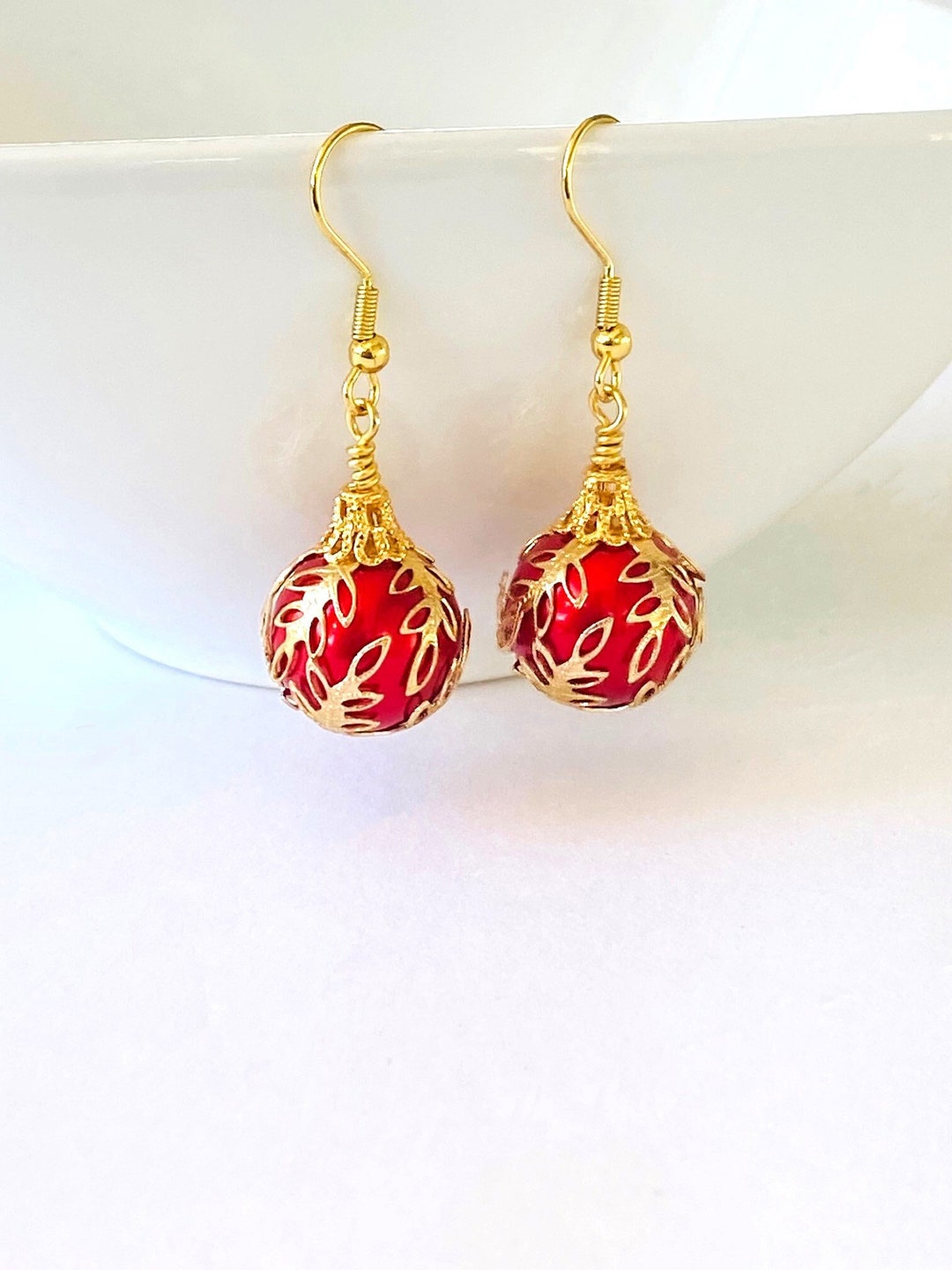 Red Gold Christmas Ornament Earrings, Handmade - Etsy
