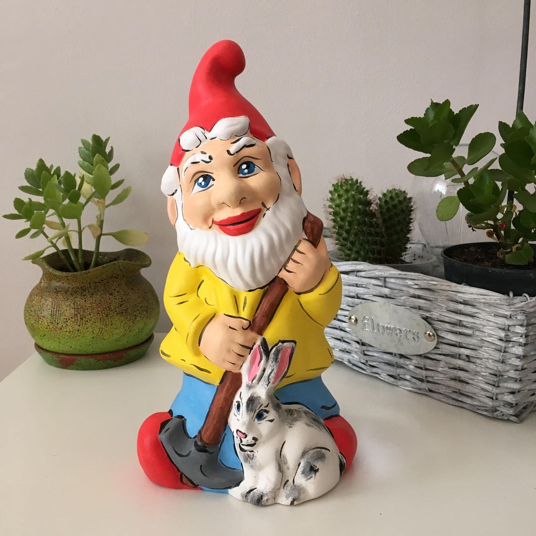 Painted Ceramic Gnome, Garden Statues, Gnome With Rabbit, Garden Decor ...