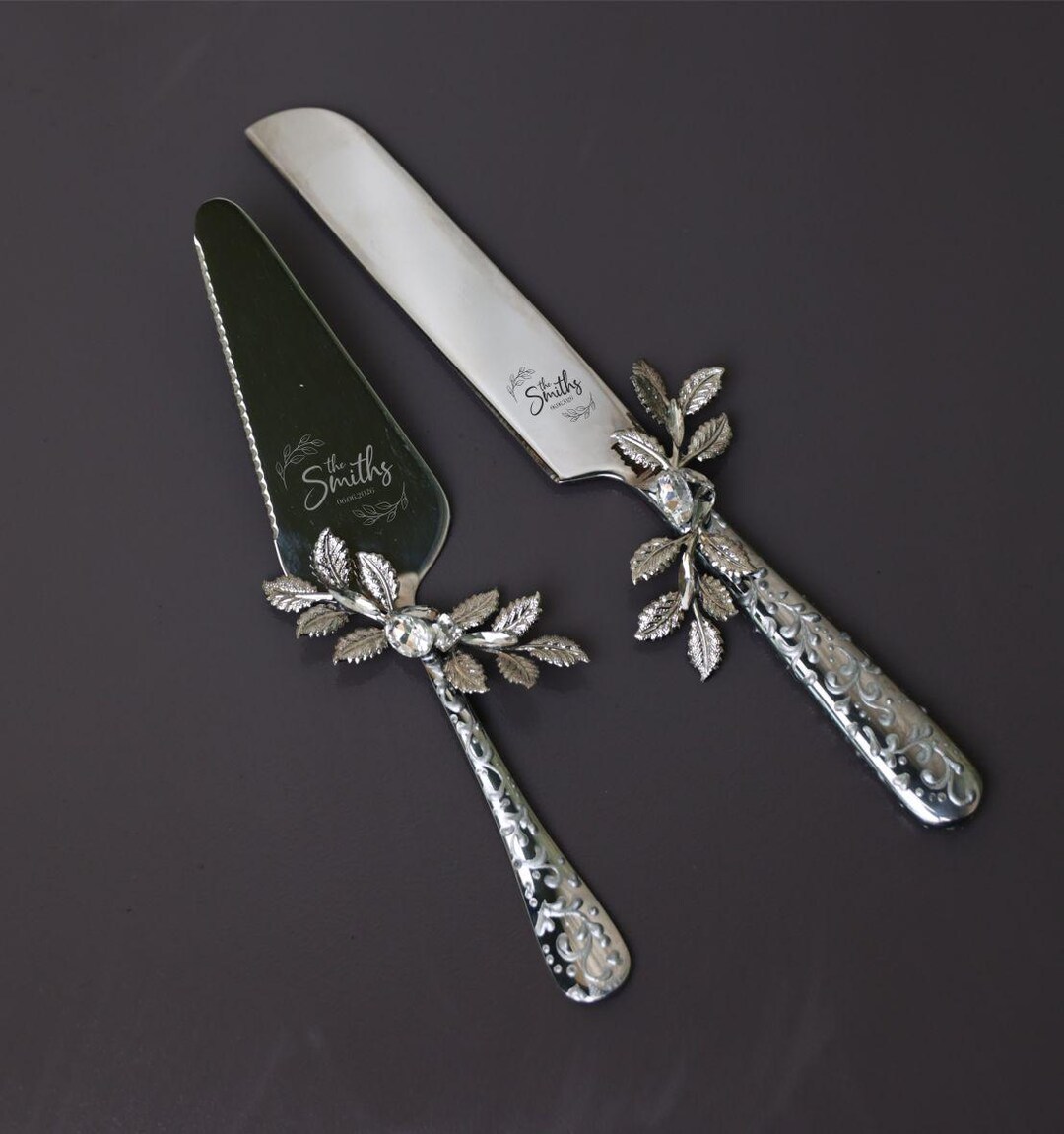 Personalized Wedding Cake Knife and Server Set: Engraved Silver Leaf ...