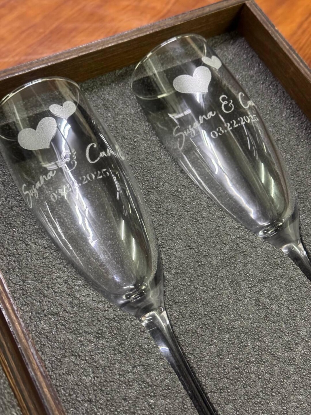 Custom Champagne Flutes Set With Engraved Wooden Box, Wedding Toasting ...