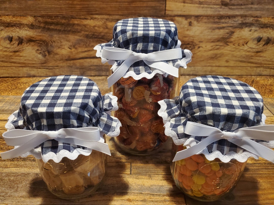Set of 3 Gingham Mason Jar Bonnets- Navy Blue/white - Etsy