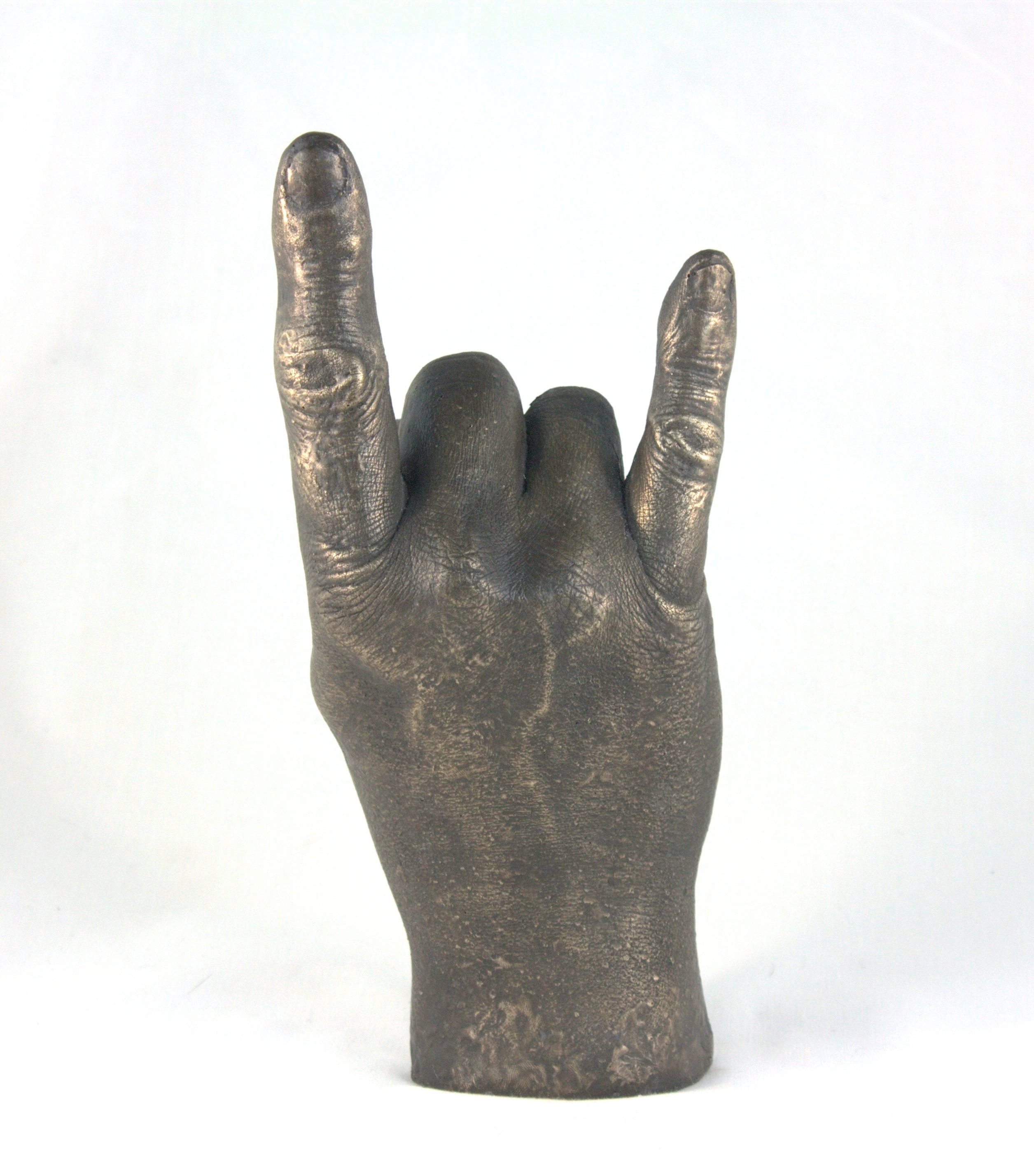 Hand sculpted Bronze life sz metalhead man devil horns sign of | Etsy