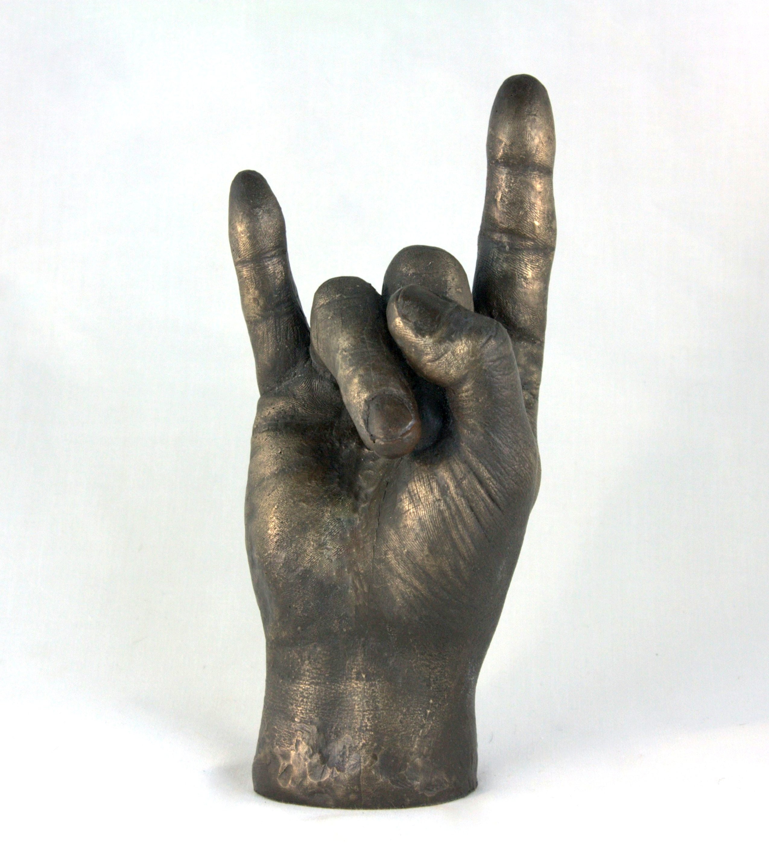 Hand sculpted Bronze life sz metalhead man devil horns sign of | Etsy