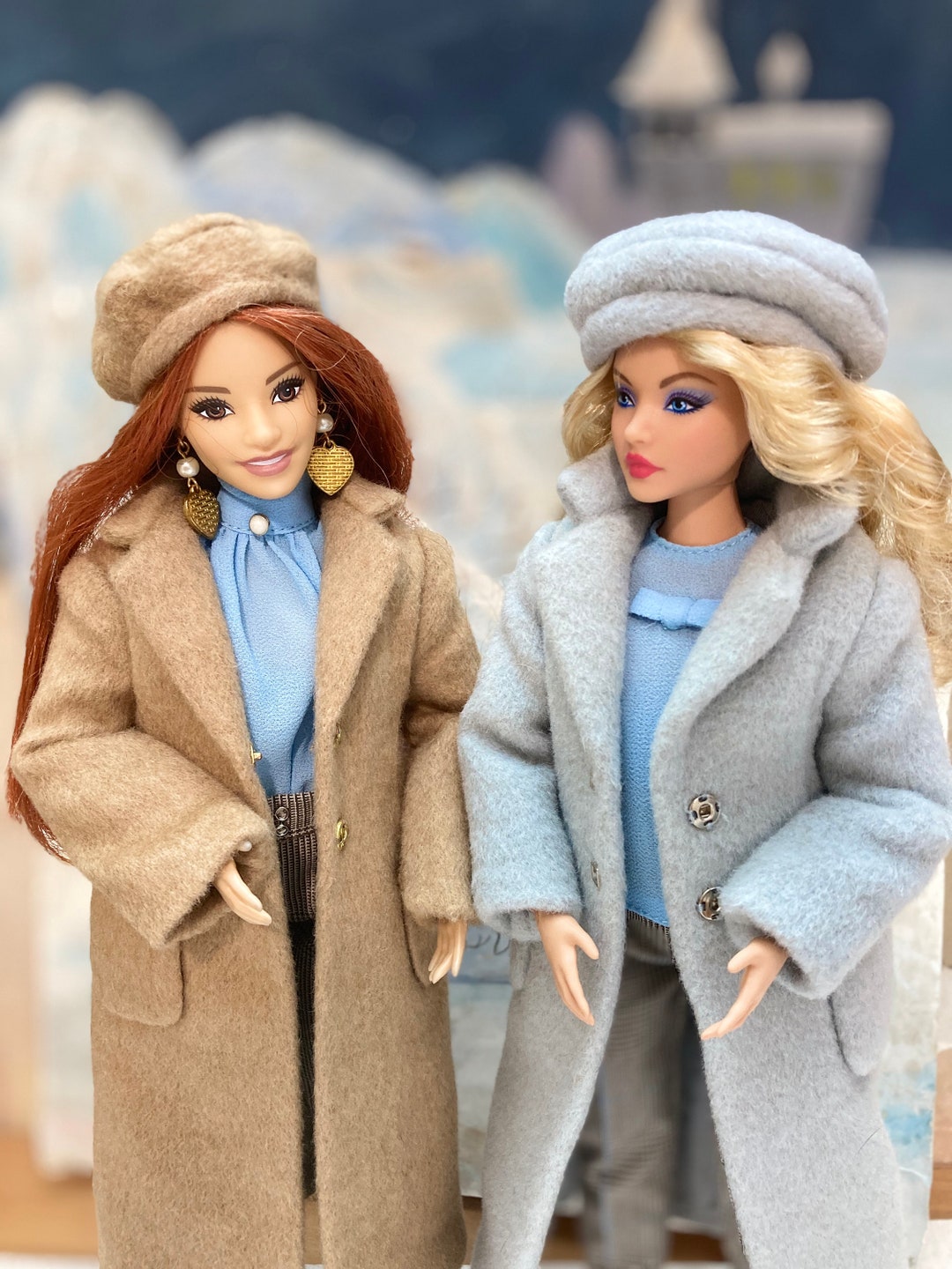 Grey or Beige Coat, Beret, Blouses and Checkered Pants for Curvy Barbie ...