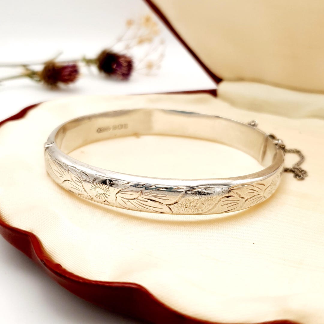 Vintage Etched Sterling Silver Bangle Bracelet: Foliate Floral ...