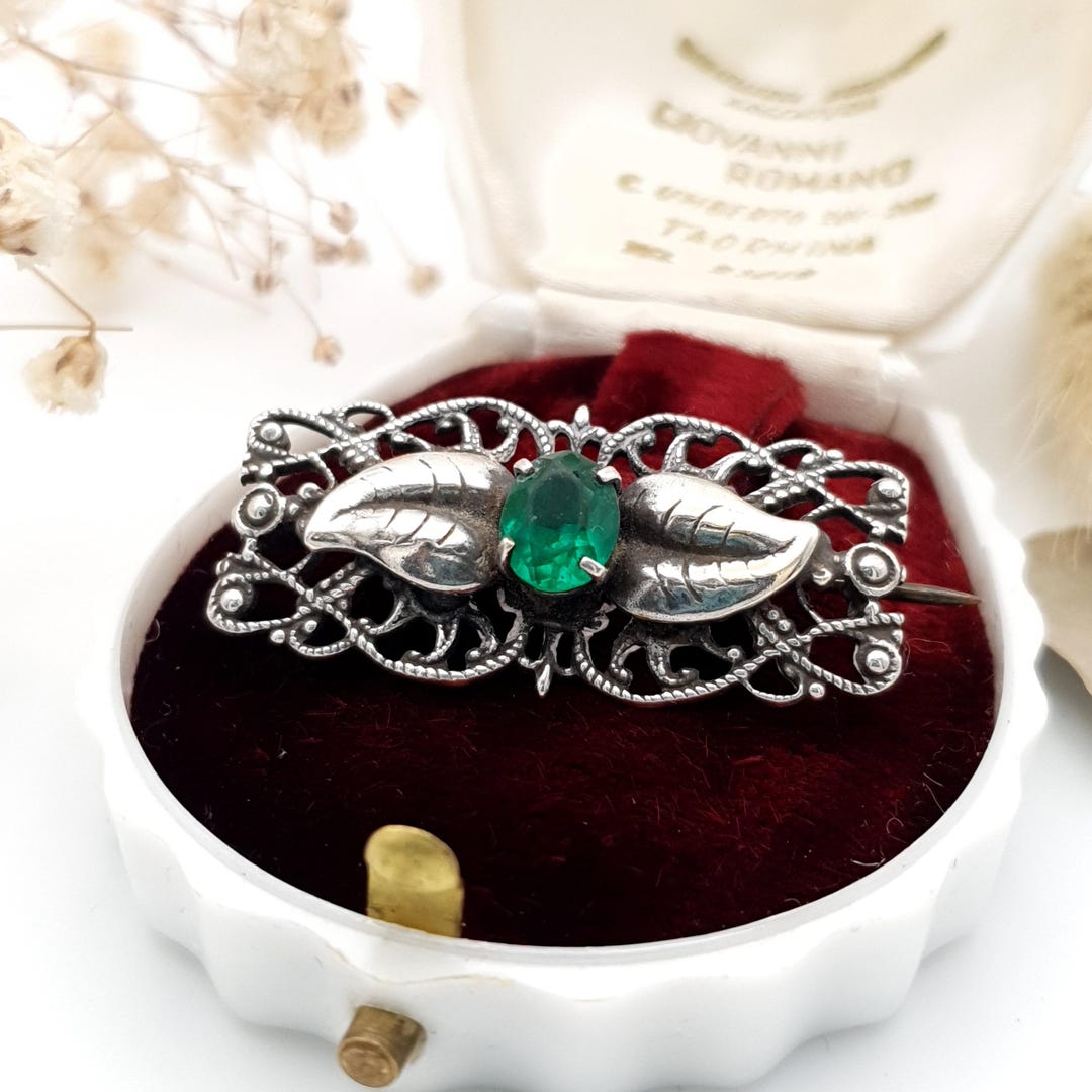 Antique Art Nouveau Green Paste Sterling Silver Brooch: Floral Foliate ...