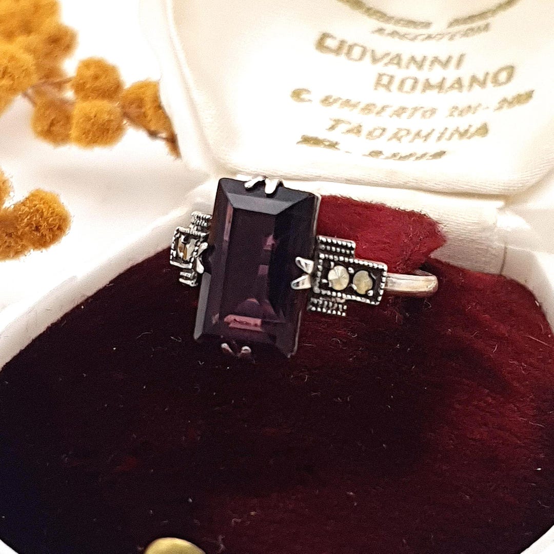 Art Deco Antique Purple Paste Marcasite Solid 925 Sterling Silver Ring ...