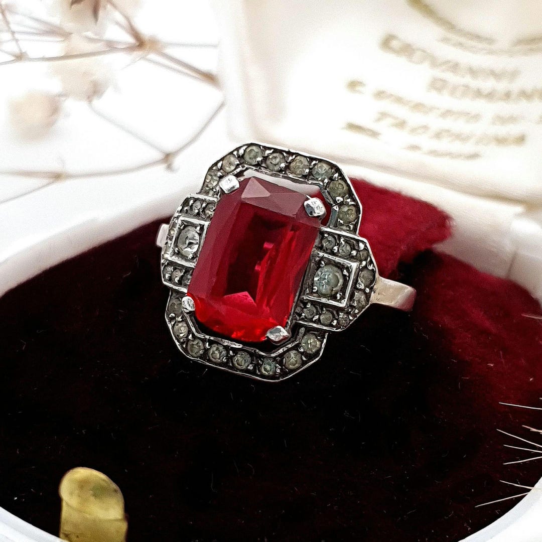 Vintage Art Deco 'ciro' Sterling Silver Pink Paste Cocktail Ring UK O ...