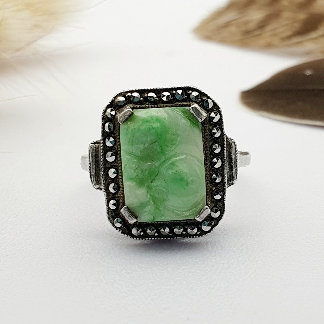 Art Deco Carved Jade Marcasite Solid 925 Sterling Silver Vintage Ring ...