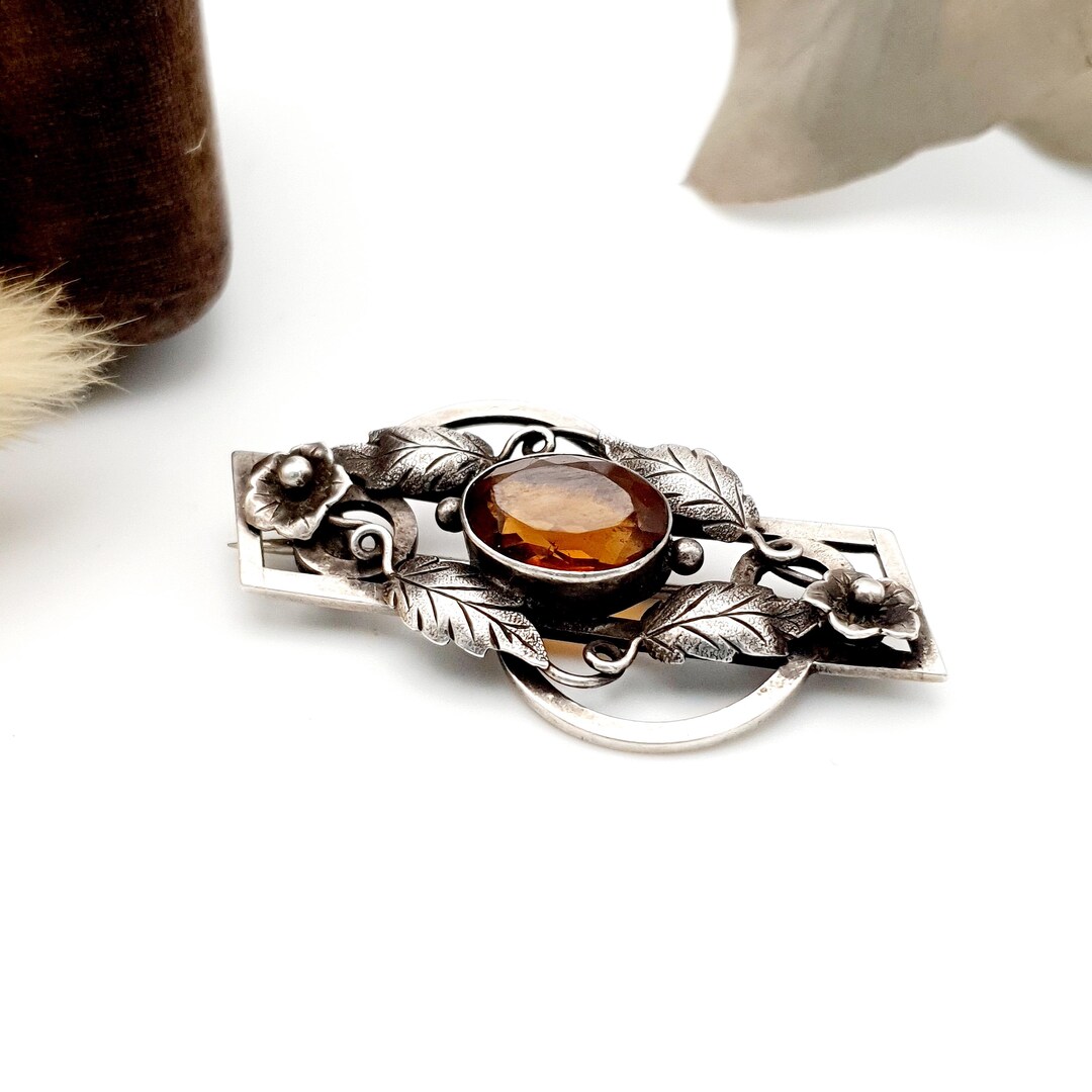 Art Nouveau Orange Paste Sterling Silver Brooch: Antique C-clasp Floral ...