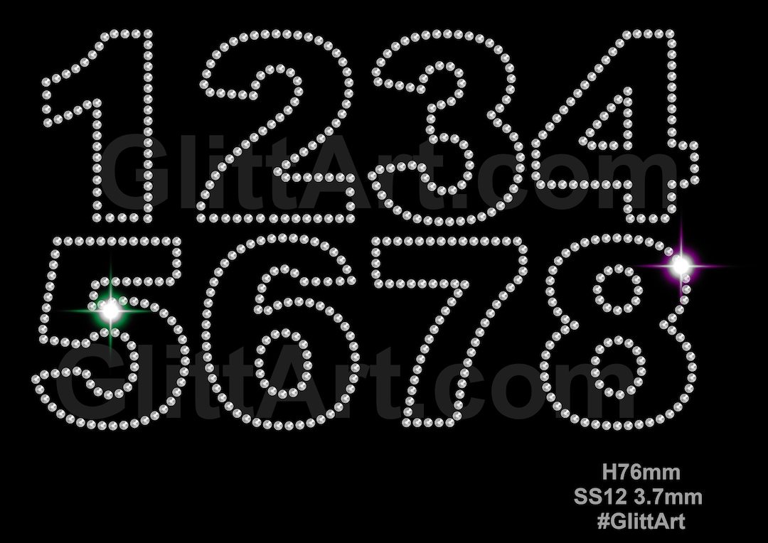 Numbers 3" Rhinestone Crystals Diamante Iron on Hotfix Template Instant ...