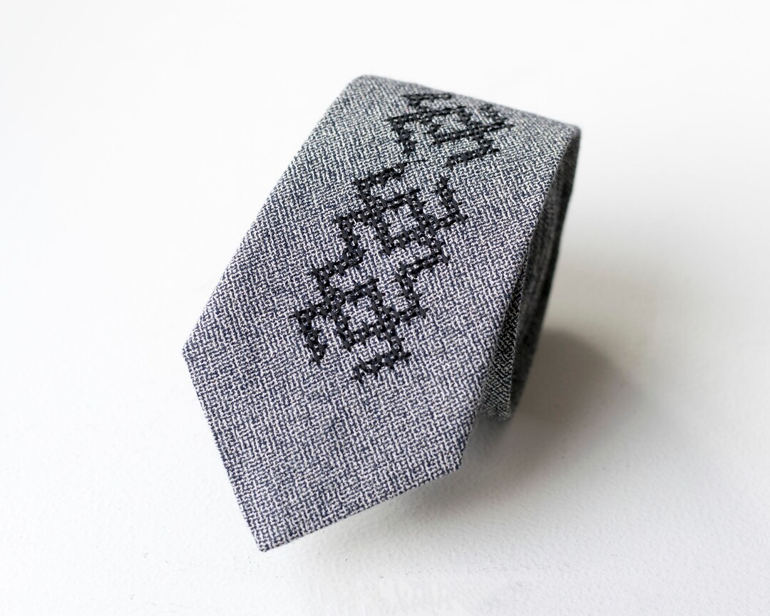 Gray Wedding Necktie With Embroidery Linen Tie Melange Necktie Gray Tie ...