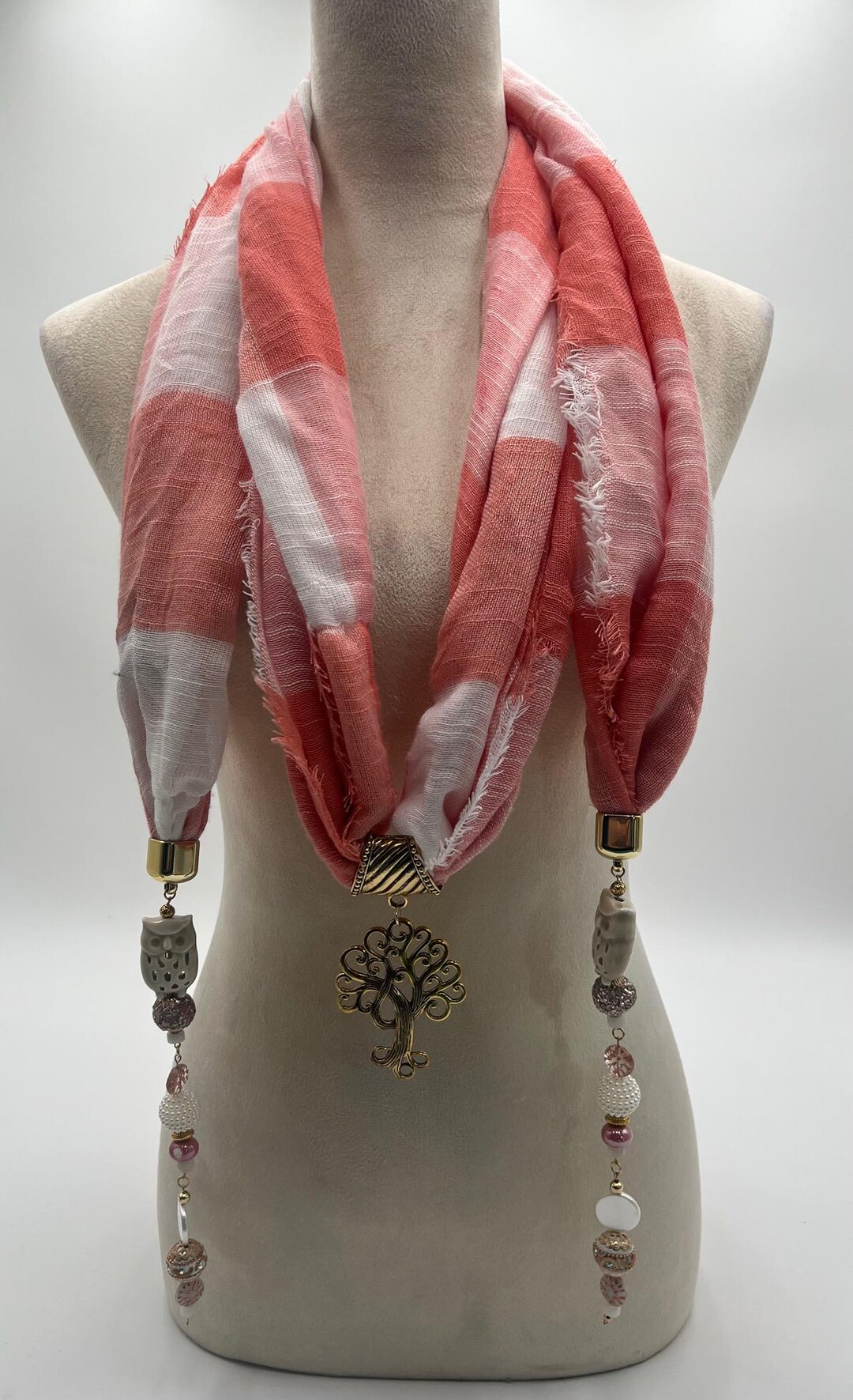 Coral Plaid Elm - Open With Caps Scarf Necklace - Etsy