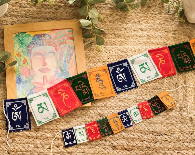 OM PRAYER FLAGS, Buddhist Flags, Om Mani Padme Hum, Spiritual Wall ...