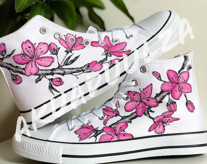 JAPANESE SAKURA Hand Painted Shoes / Floral Illustration / Japanese Art ...