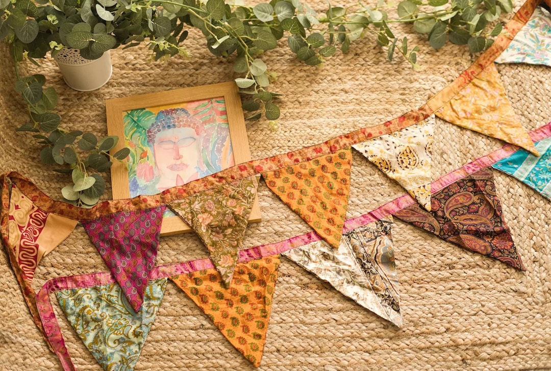 Upcycled Sari Flags Bunting | Bohemian Wall Decor | Handcrafted in ...